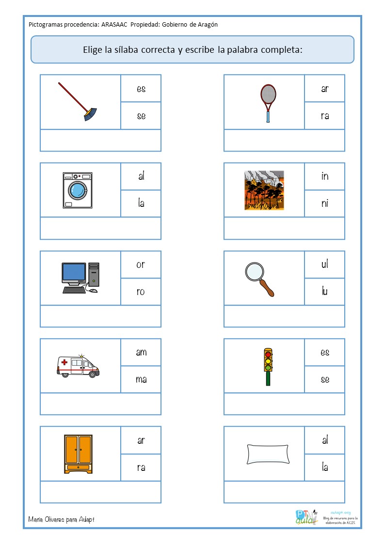 Lectoescritura: Sílabas directas o inversas con dibujos