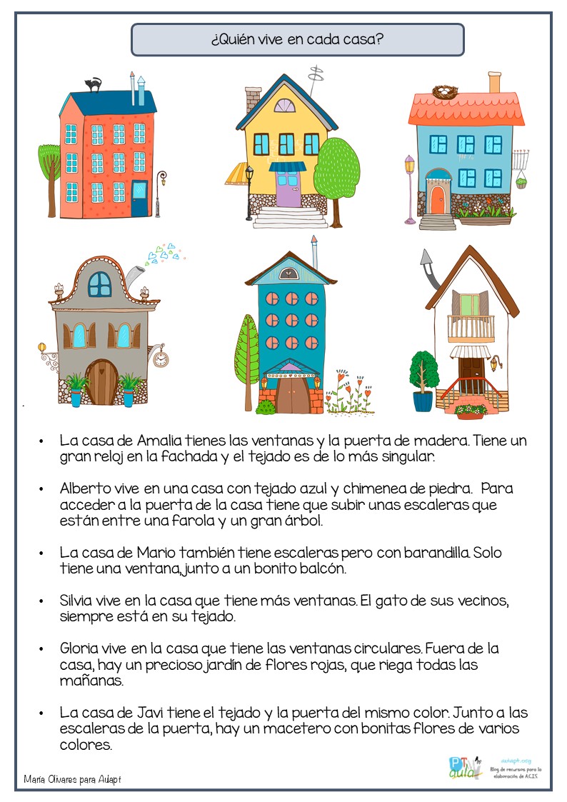 Comprensión lectora: ¿Quién vive en cada casa? Comprensión lectora: ¿Quién vive en cada casa?