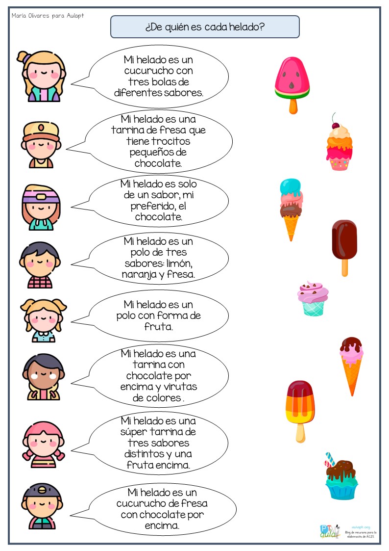 Juego de comprensión lectora: ¿De quién es cada helado?