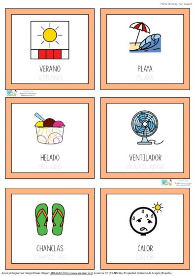 Baraja de vocabulario «verano» con pictogramas