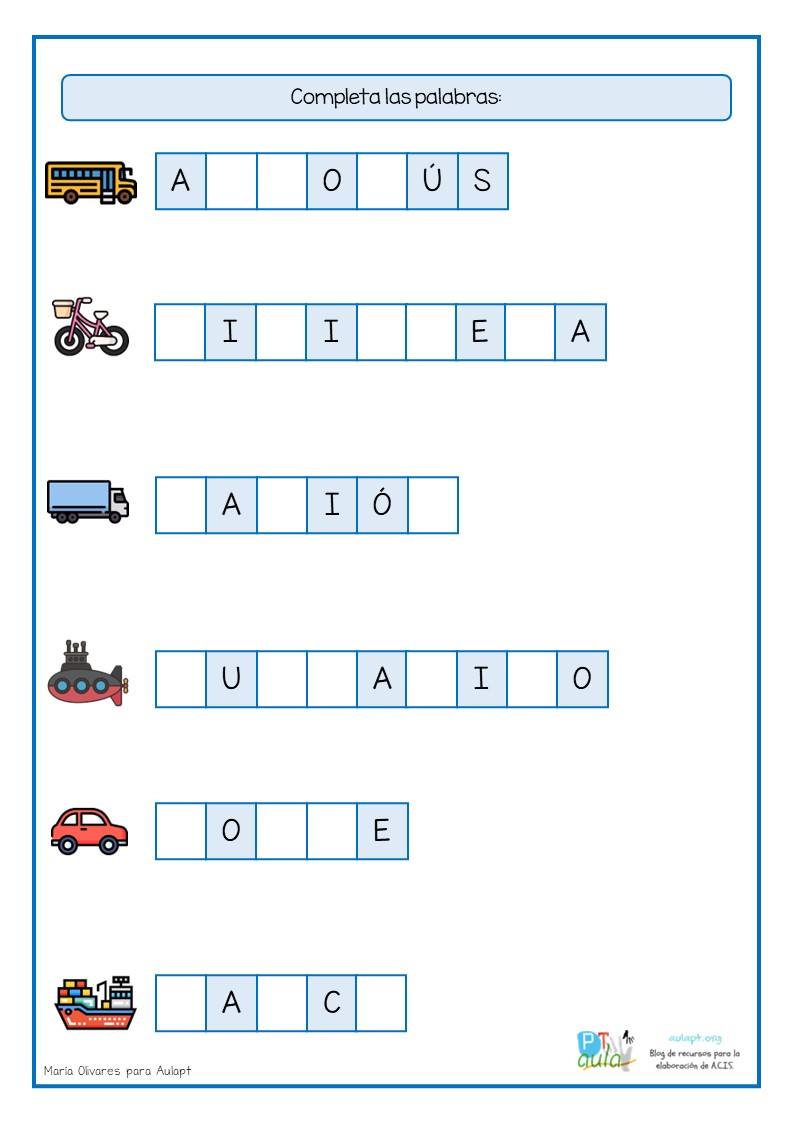 Lectoescritura: Completar palabras con vocabulario de medios de transporte