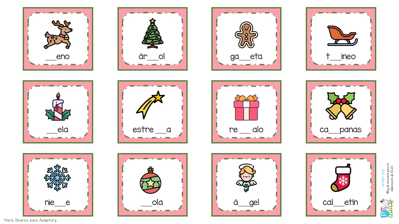 Ortografía vocabulario de Navidad: Baraja de cartas con pistas visuales
