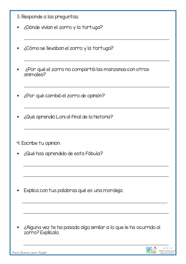 Ejercicios de comprensión a partir de una fábula