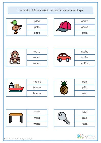 Lectura de palabras asociadas a un dibujo