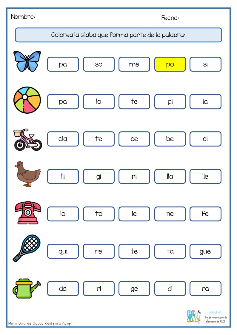 Conciencia silábica: Colorea la sílaba de la palabra