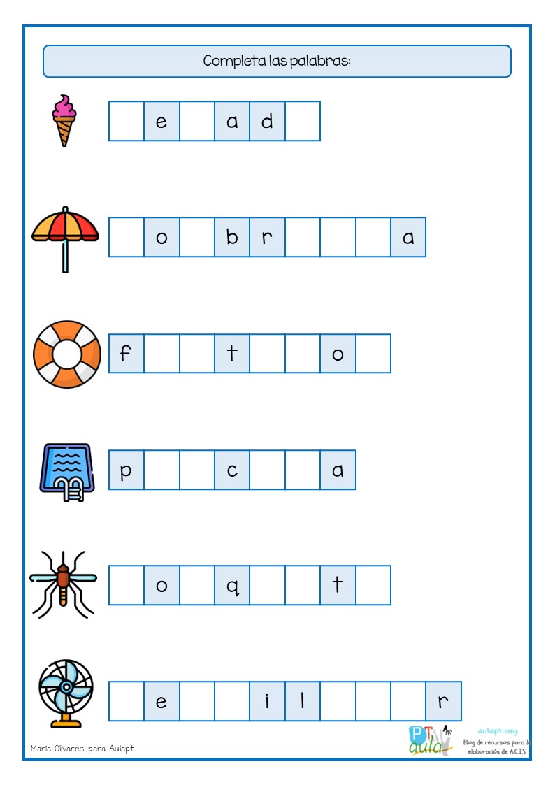 Lectoescritura: Completar palabras con vocabulario de verano
