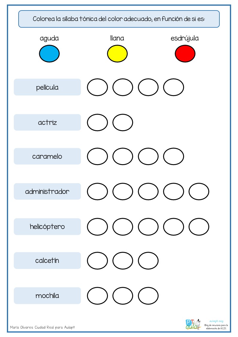 Fichas para identificar la sílaba tónica