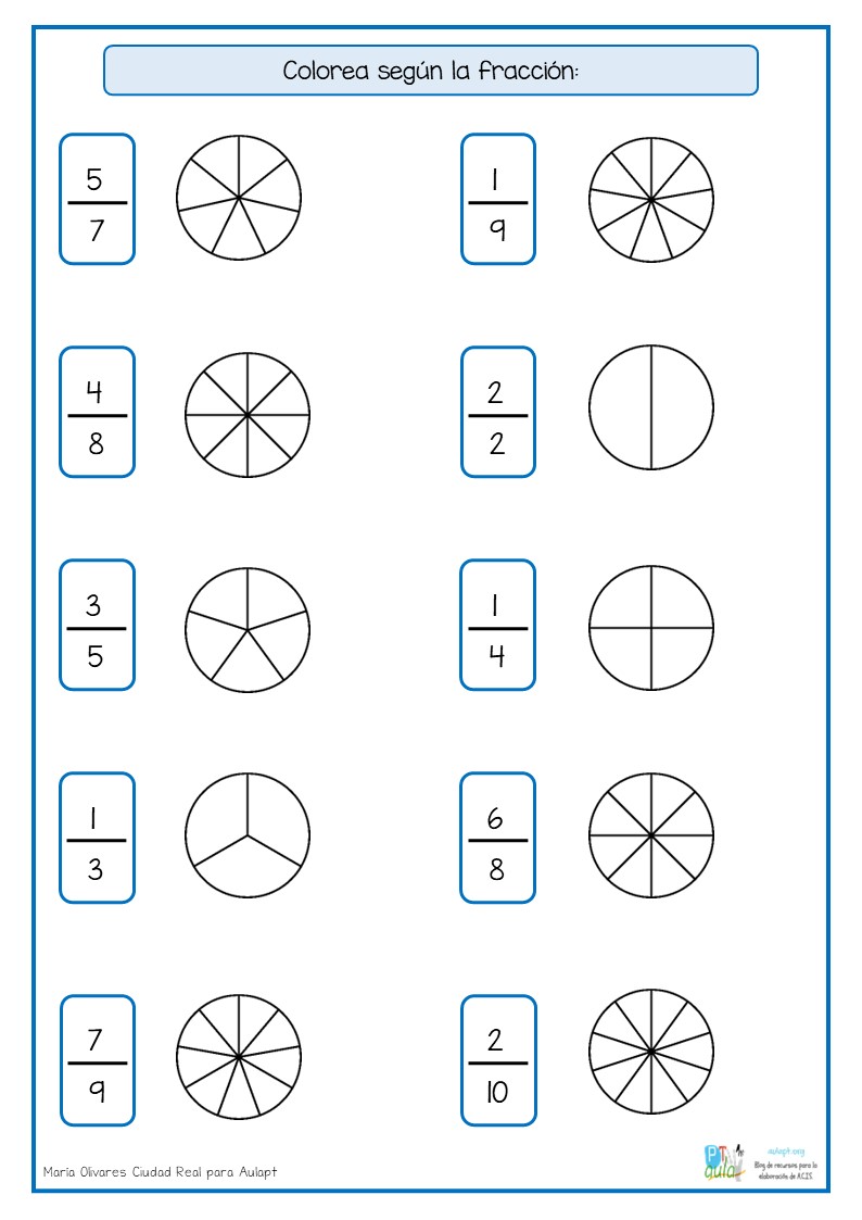 Fichas de fracciones para colorear