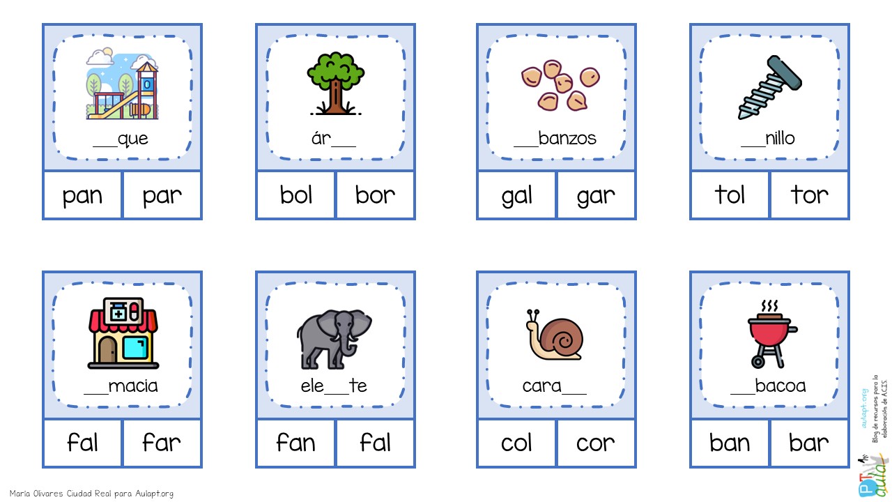 Tarjetitas de palabras con sílabas mixtas