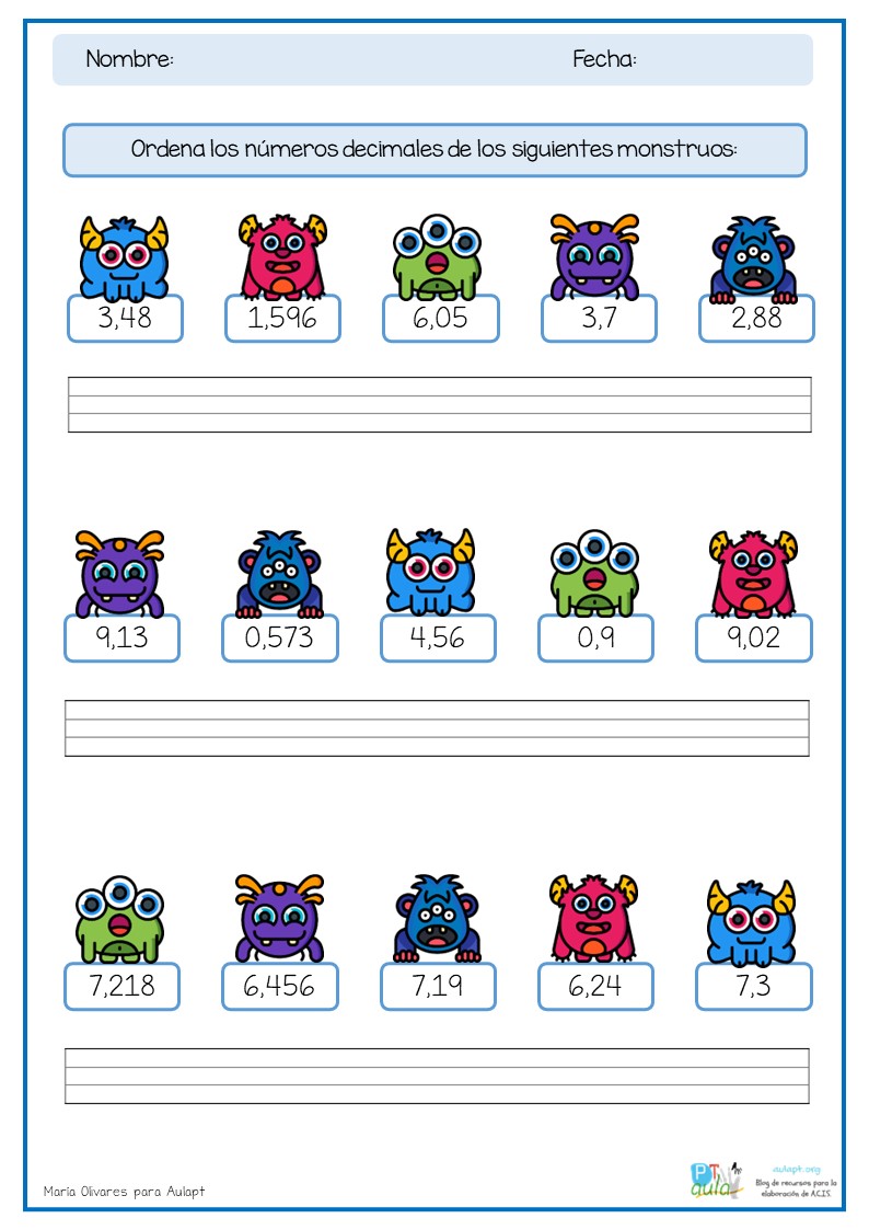 Fichas para ordenar números decimales