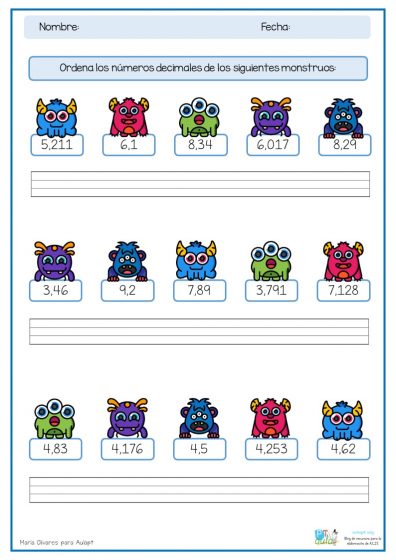 Fichas para ordenar números decimales