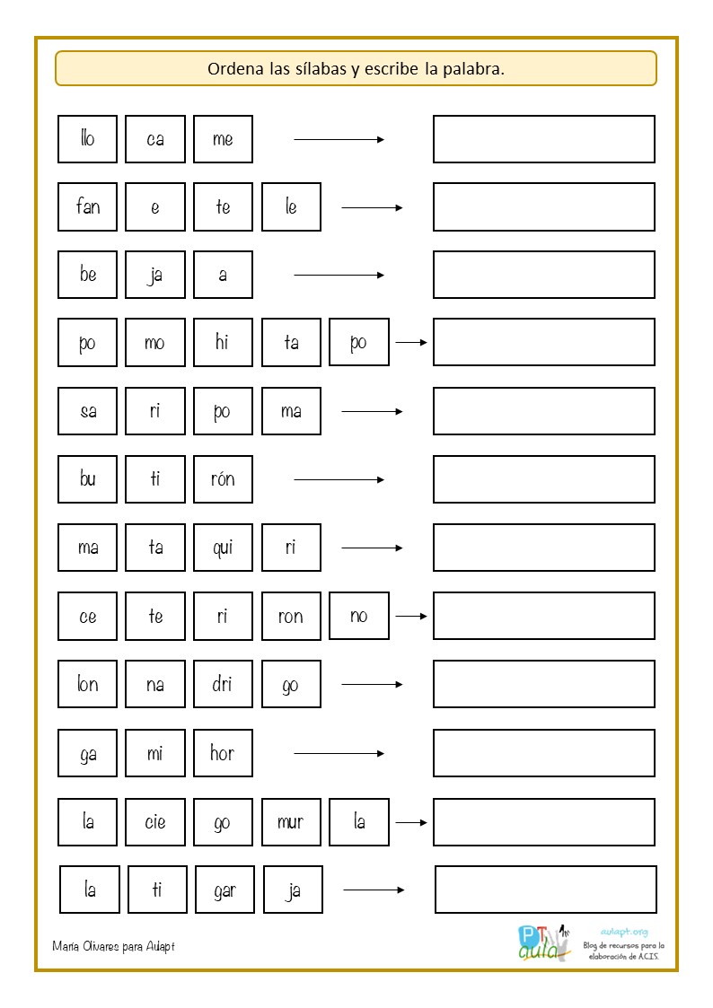 Conciencia silábica con vocabulario de animales: Ordena las sílabas y ...