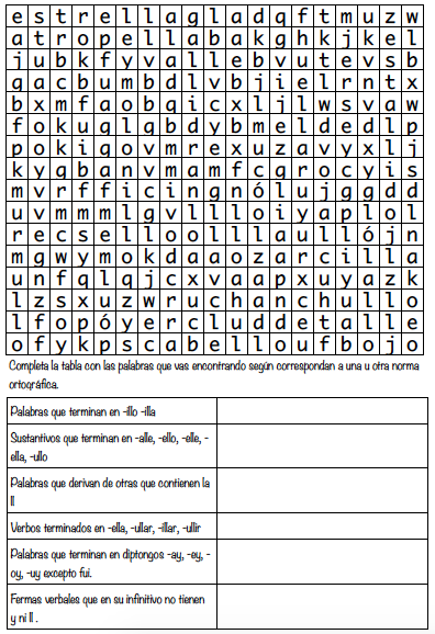 Sopa de letras. Ortografía de la ll y la y.