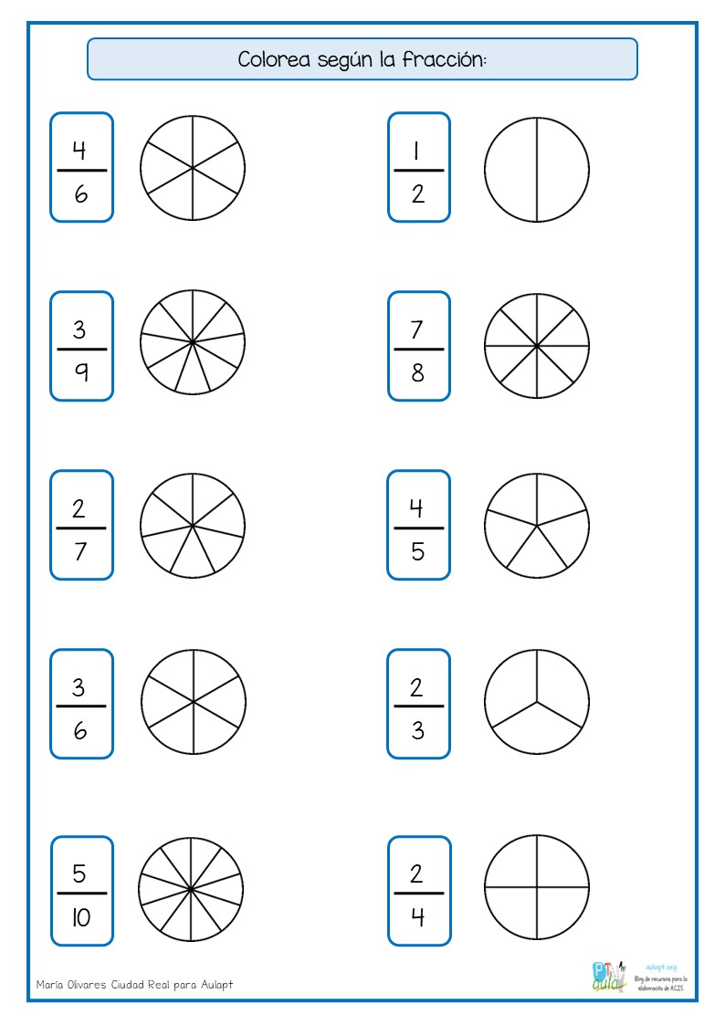 Fichas de fracciones para colorear