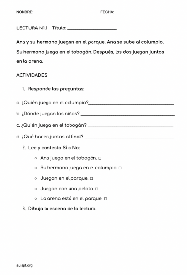 Lecturas Adaptadas N1: Primeros Pasos en la Comprensión Lectora - Aula PT